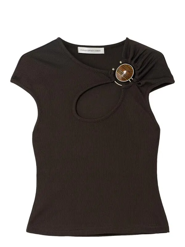 Christopher Esber Mineral Stone Hollow Cutout Embellished T-shirt - Brown