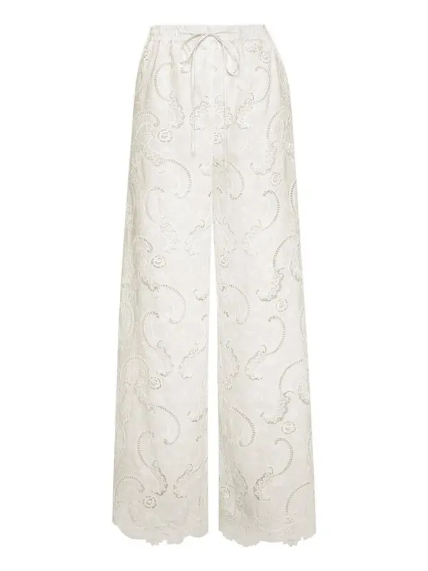 Oscar De La Renta Scroll Guipure Wide Leg Pant - White