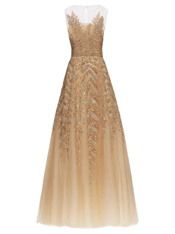 Oscar De La Renta Fern Embroidered Cocktail Dress - Gold