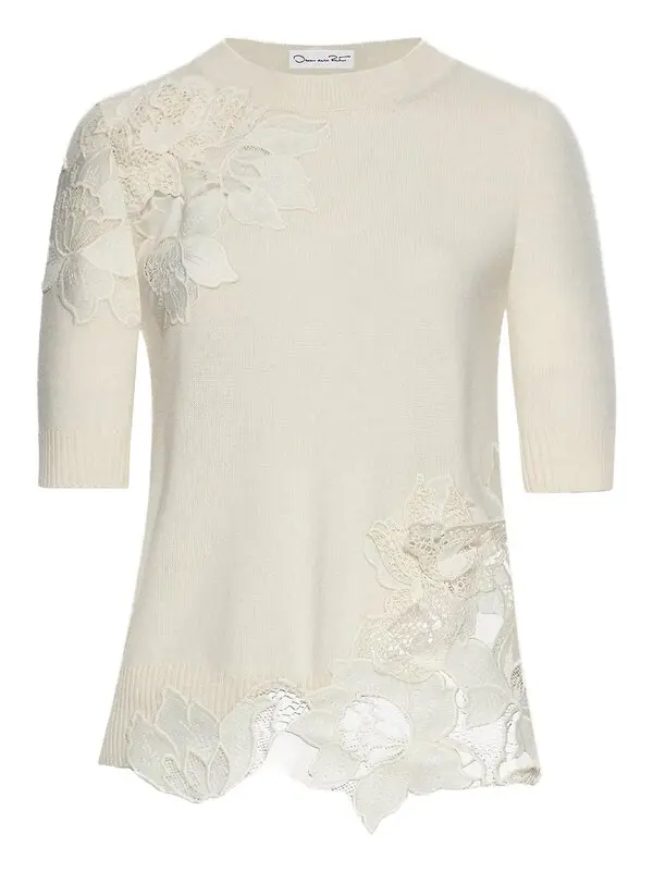 Oscar De La Renta Peony Guipure Insert Pullover - White