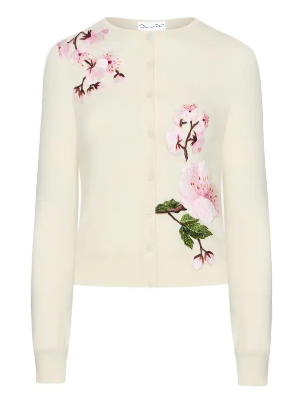 Oscar De La Renta Cherry Blossom Embroidered Cardigan - White