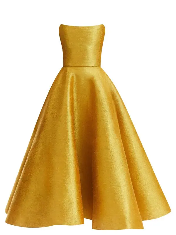Oscar De La Renta Metallic Threadwork Tea Length Dress - Gold