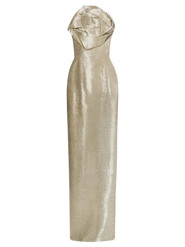 Oscar De La Renta Rosette Bugle Bead Column Gown - Silver