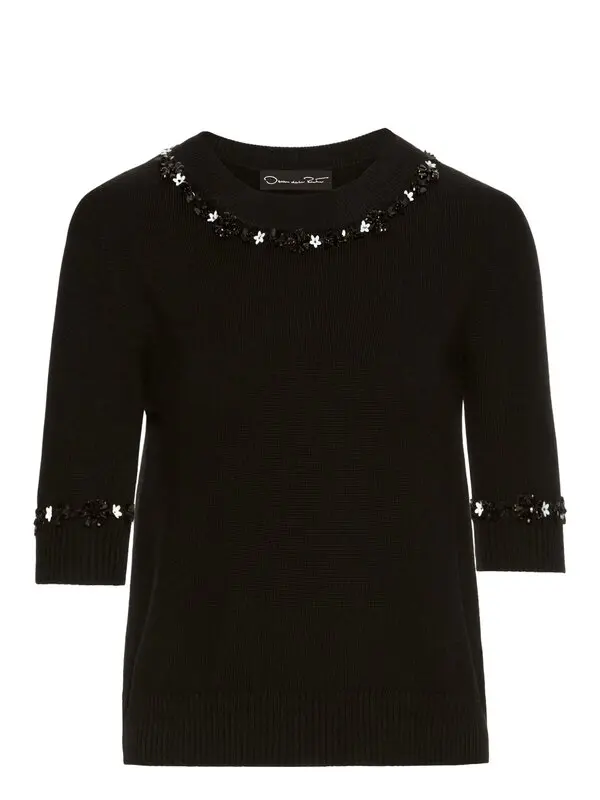 Oscar De La Renta Sequin Floret Trim Pullover - Black