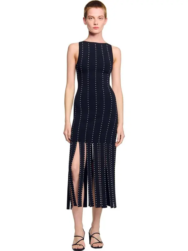 Sandro Fringed Knit Midi Dress - Black