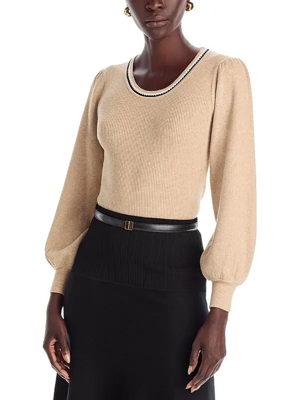 T Tahari Blouson Sleeve Tipped Sweater - Stone Camel Heather