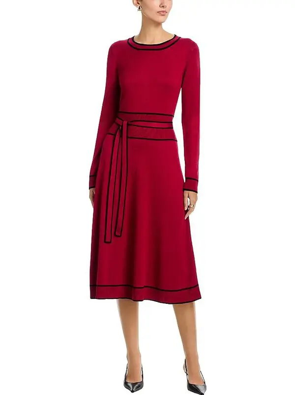 T Tahari Crewneck Belted Dress - Red Point/ Black