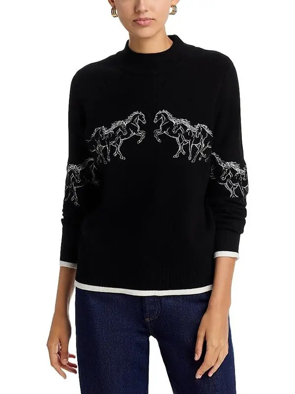 T Tahari Horse Embroidered Mock Neck Sweater - Black/white