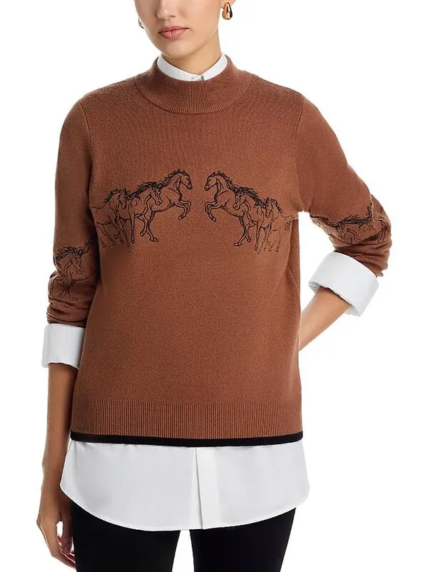 T Tahari Horse Embroidered Mock Neck Sweater - Sherwood Camel