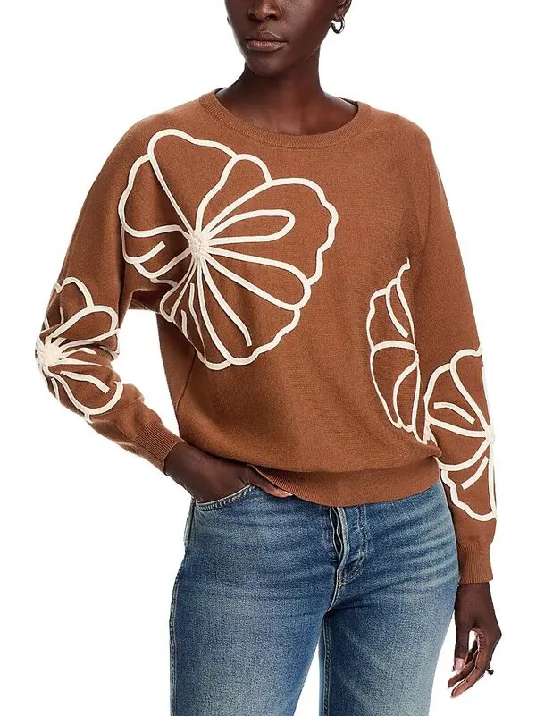 T Tahari Floral Embroidered Pullover Sweater - Sherwood Camel