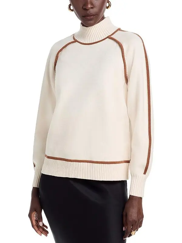T Tahari Contrast Piping Mock Neck Sweater - Cream/ Sherwood