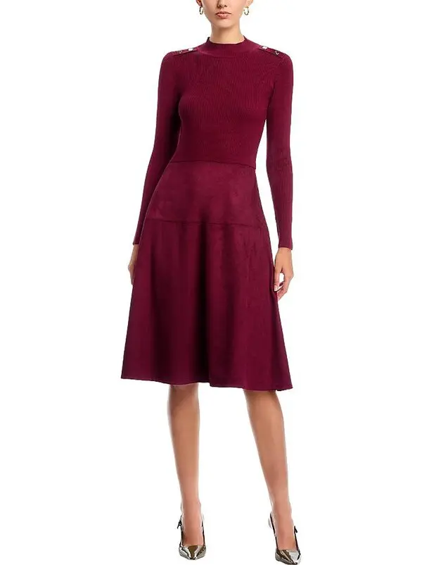 T Tahari Mock Neck Long Sleeve Dress - Merlot