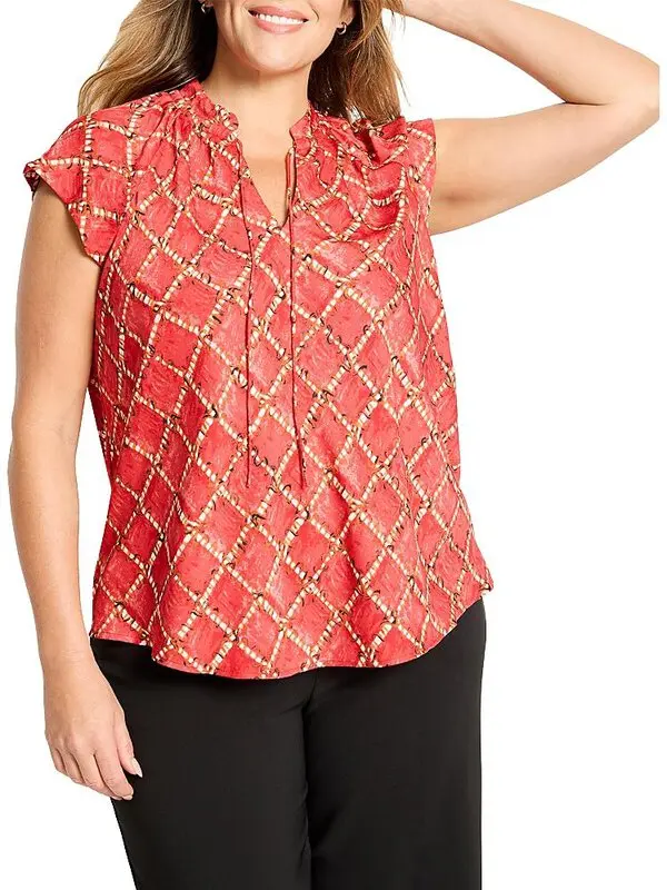 NIC+ZOE Squiggle Check Cap-sleeve Top - Red Multi