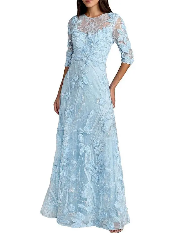 Mac Duggal 3/4 Sleeve High Neck Embroidered A-line Gown - Periwinkle