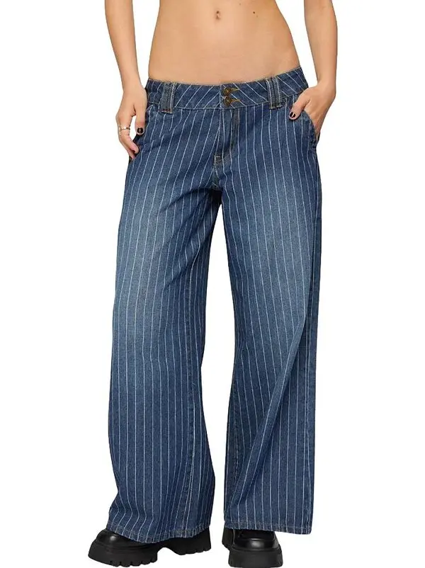 EDIKTED Petite Cory Striped Low Rise Jeans - Blue