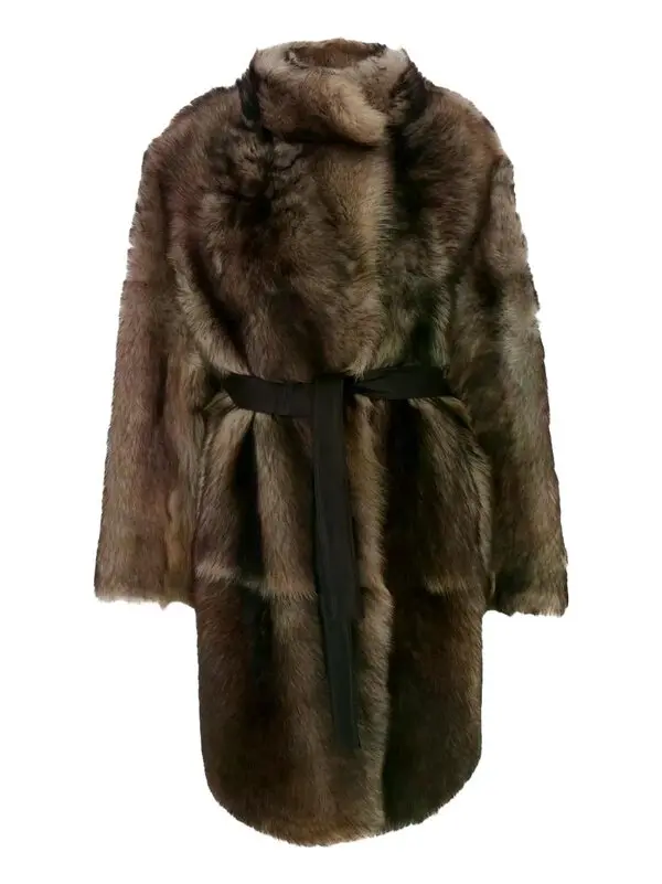 YVES SALOMON Belted Shearling Coat - Brown