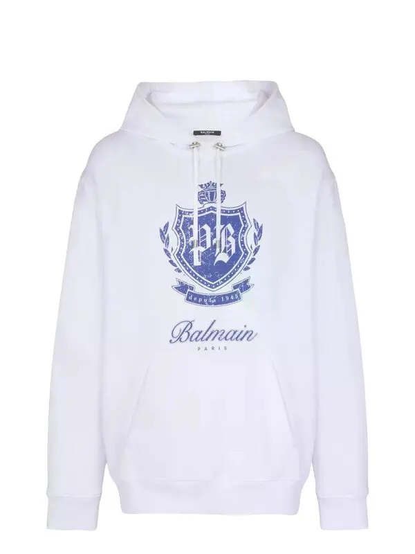 Balmain College Emblem Printed Hoodie - White