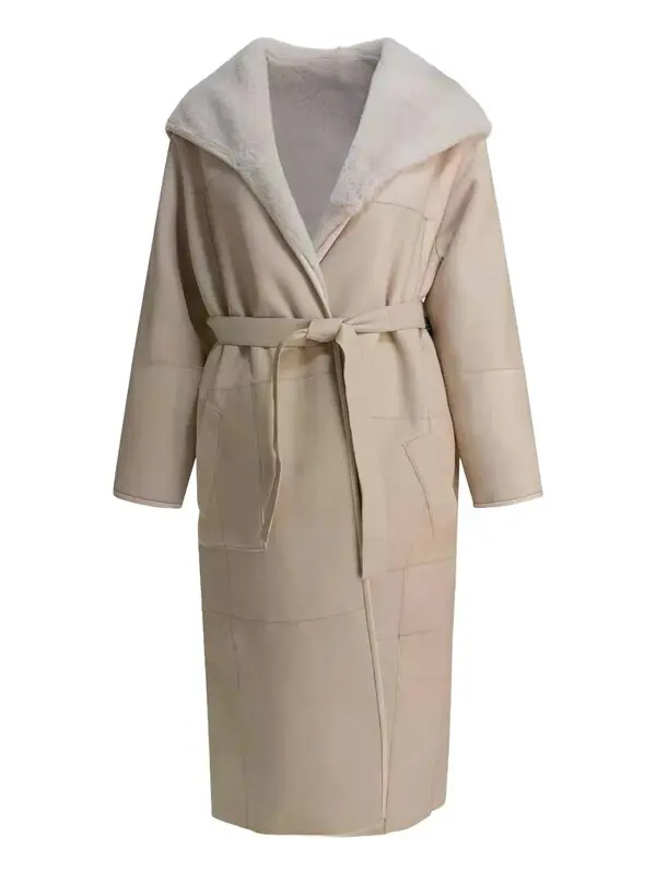 BLANCHA Hooded Belted Shearling Coat - Neutrals