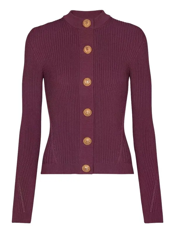 Balmain Ribbed Buttoned Cardigan - Purple