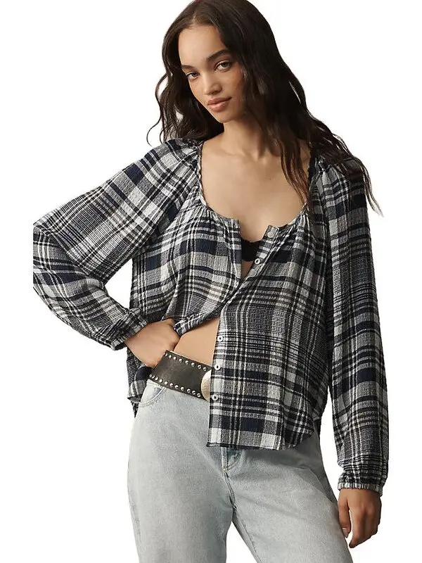 PILCRO Plaid Scoop-neck Top - Blue Pattern
