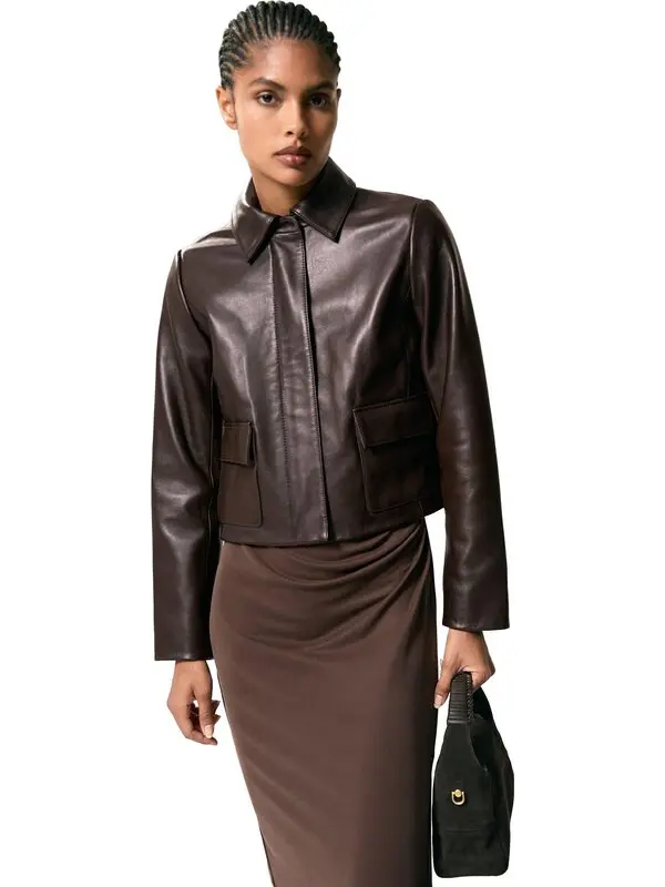 REISS Drew Collared Leather Jacket - Chocolate Brown