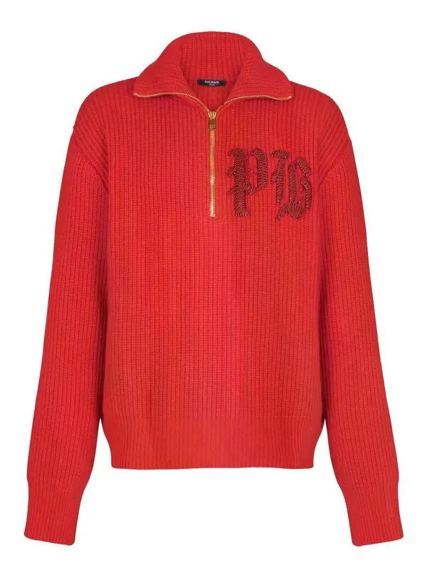 Balmain Ribbed Turtleneck Half-zip Sweater - Red