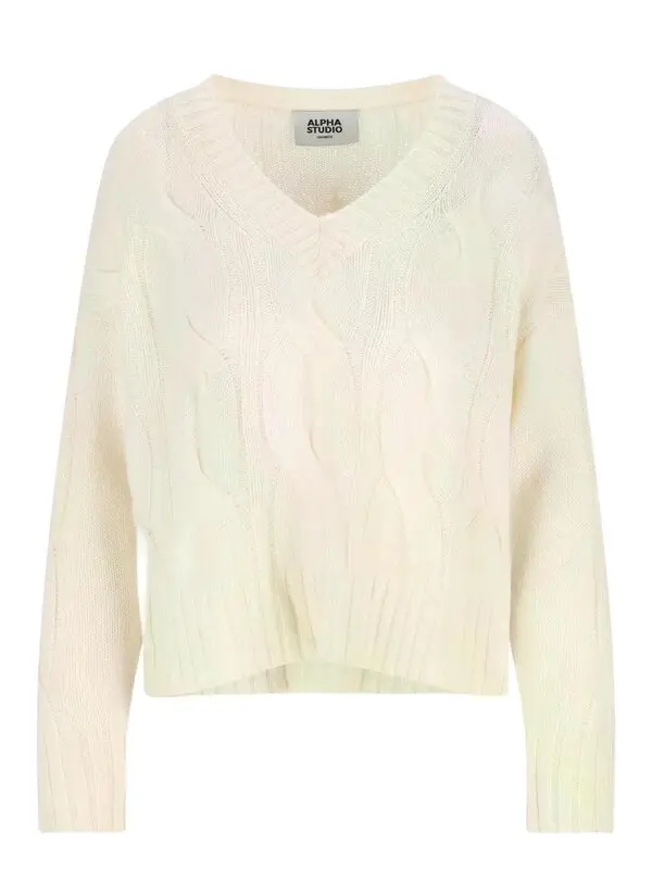 Alpha Studio Cable-knit V-neck Sweater - White