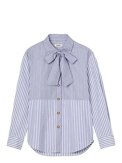 Sandro Striped Cotton Shirt With Tie Neck - Blu / White