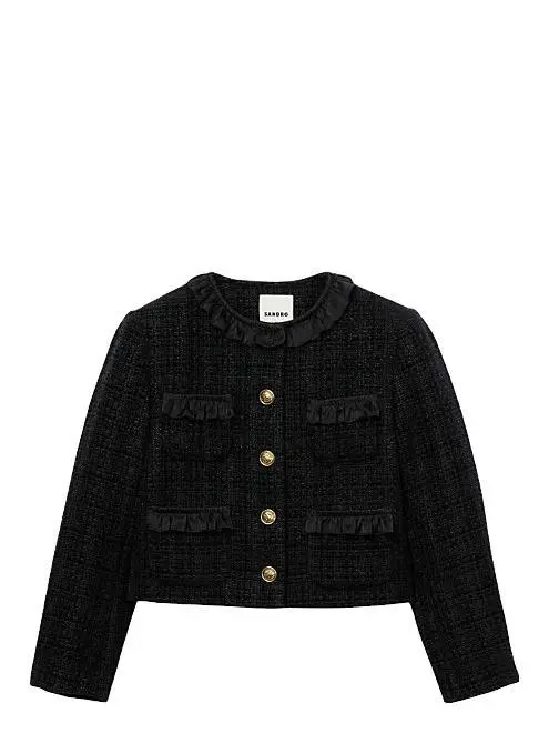 Sandro Button-down Tweed Jacket With Ruffled Trim - Black