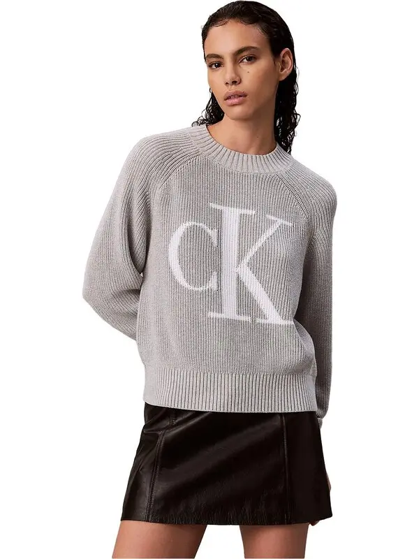 Calvin Klein Smooth Cotton Monogram Rib Sweater - Mid Grey Heather