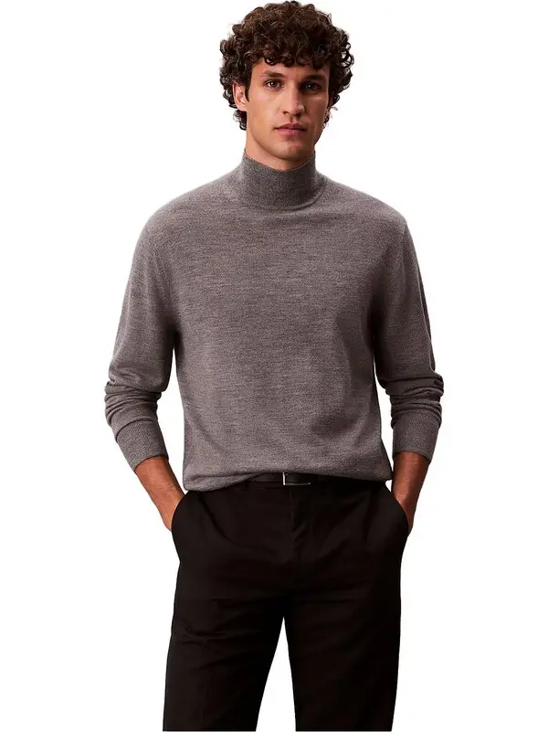 Calvin Klein Merino Wool Mock Neck Sweater - Medium Grey Heather
