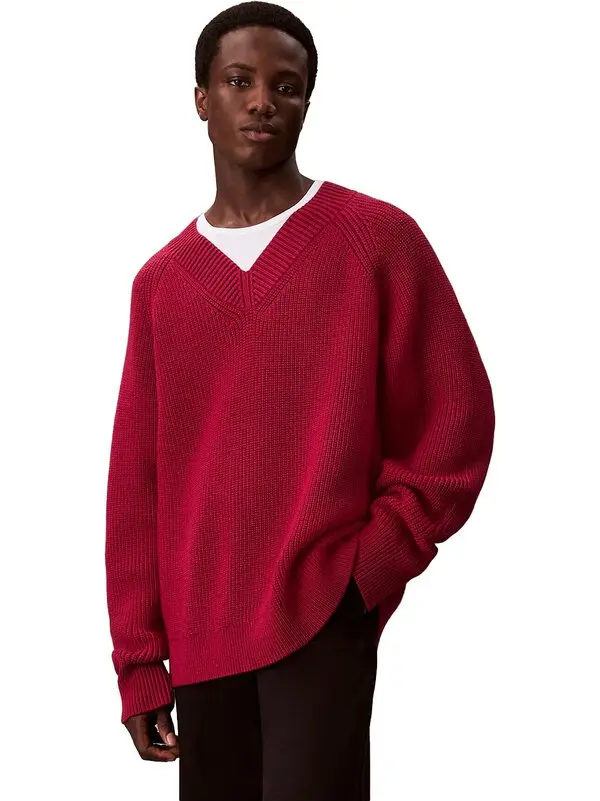 Calvin Klein Relaxed V-neck Merino Wool Blend Sweater - Beet Red