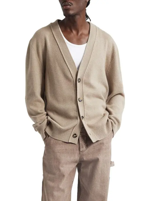 Bottega Veneta Cashmere Blend V-neck Cardigan With Intrecciato Leather Elbow Patches - 9713 Beige