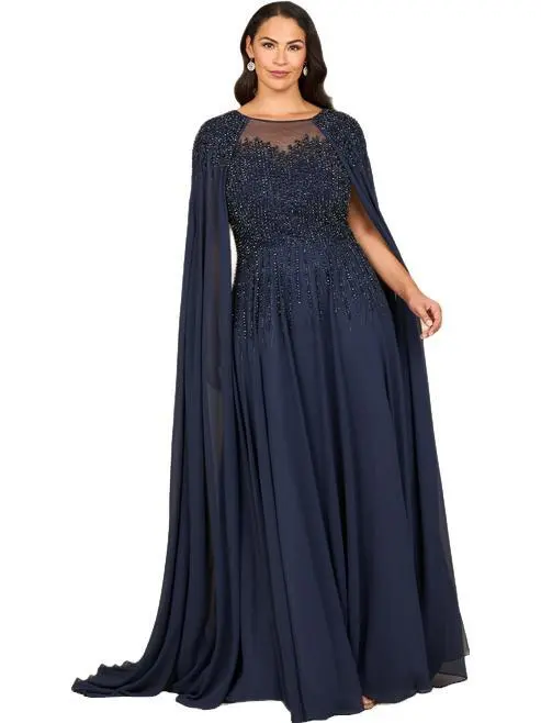 LARA NEW YORK Chiffon A-line Gown With Cape Sleeves - Navy