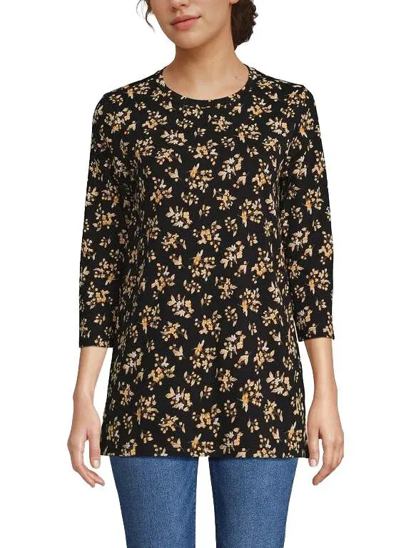 LANDS' END Cotton Supima Tunic With 3/4 Sleeves - Black Meadow Floral