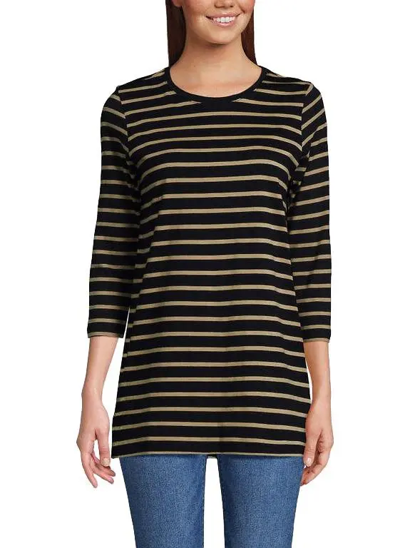 LANDS' END Cotton Supima Tunic With 3/4 Sleeves - Black/almond Tan Breton Stripe