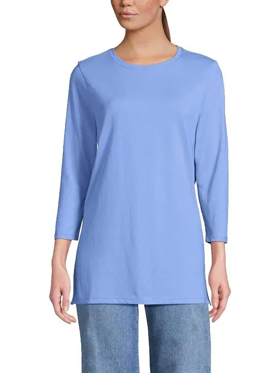 LANDS' END Cotton Supima Tunic With 3/4 Sleeves - Clear Blue Sky