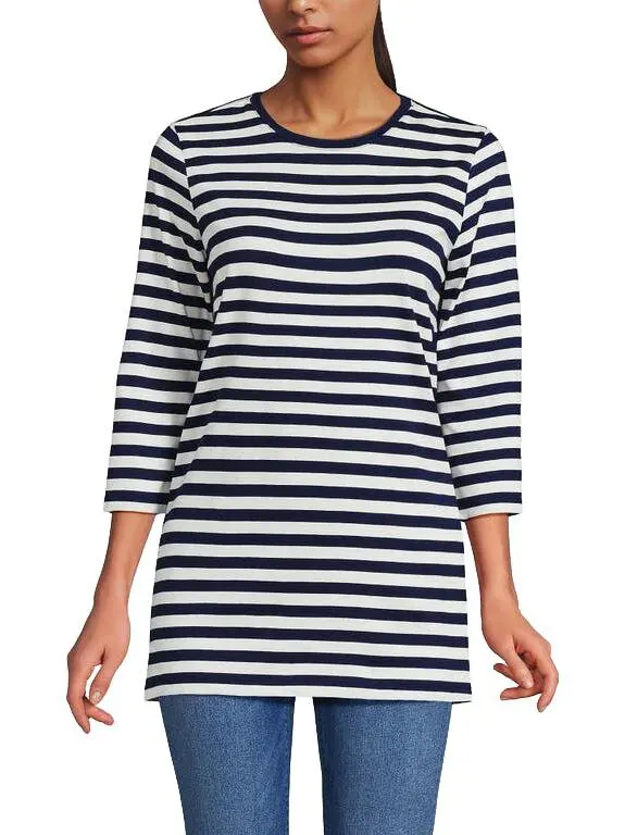 LANDS' END Cotton Supima Tunic With 3/4 Sleeves - Deep Sea Navy Even Stripe