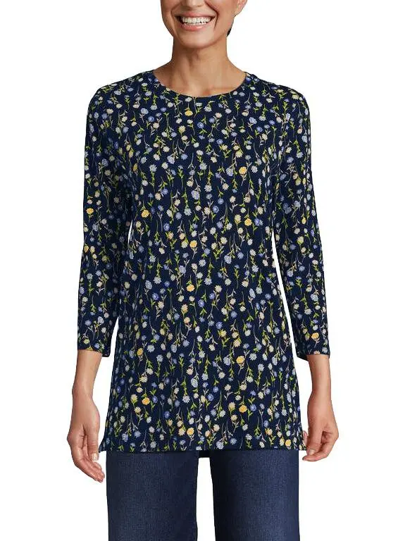 LANDS' END Cotton Supima Tunic With 3/4 Sleeves - Deep Sea Navy Multi Daisy