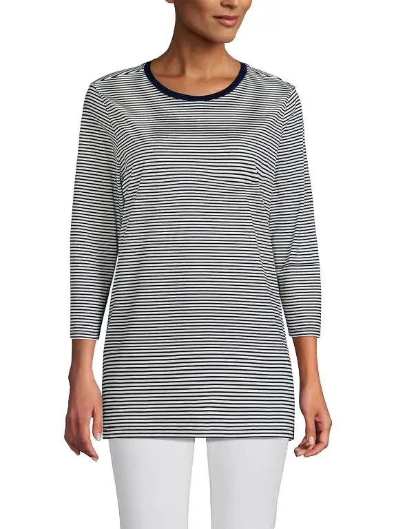 LANDS' END Cotton Supima Tunic With 3/4 Sleeves - Deep Sea/ivory Micro Stripe