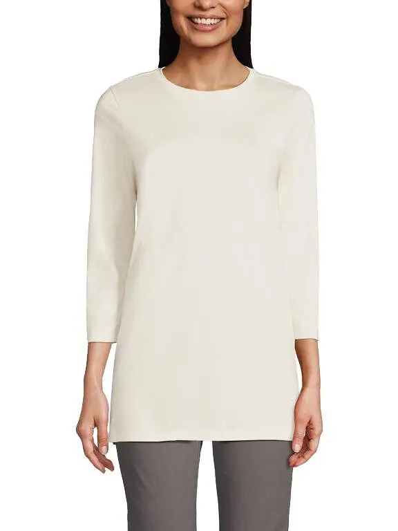 LANDS' END Cotton Supima Tunic With 3/4 Sleeves - Fresh Ivory