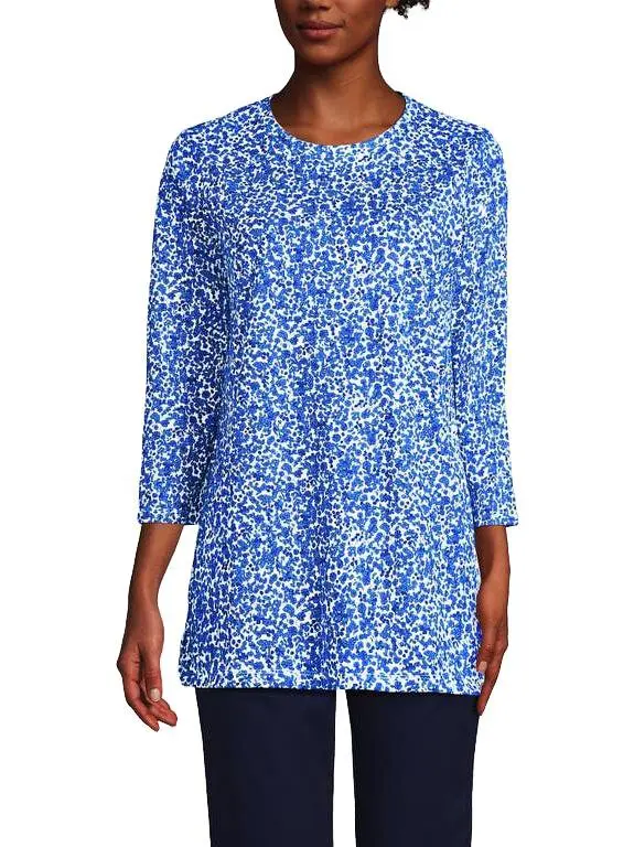 LANDS' END Cotton Supima Tunic With 3/4 Sleeves - Ivory/vista Blue Flowers
