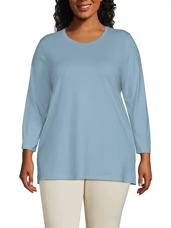LANDS' END Cotton Supima Tunic With 3/4 Sleeves - Light Blue Sky