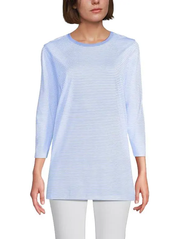 LANDS' END Cotton Supima Tunic With 3/4 Sleeves - Light Sea Blue Micro Stripe