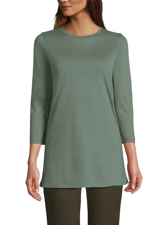 LANDS' END Cotton Supima Tunic With 3/4 Sleeves - Lily Pad Green