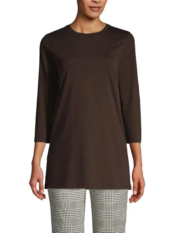 LANDS' END Cotton Supima Tunic With 3/4 Sleeves - Rich Coffee