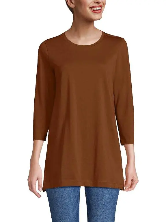 LANDS' END Cotton Supima Tunic With 3/4 Sleeves - Rich Ginger Brown