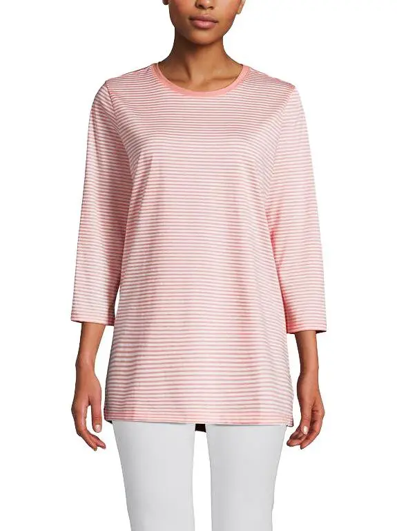 LANDS' END Cotton Supima Tunic With 3/4 Sleeves - Sunset Coral Pink Micro Stripe