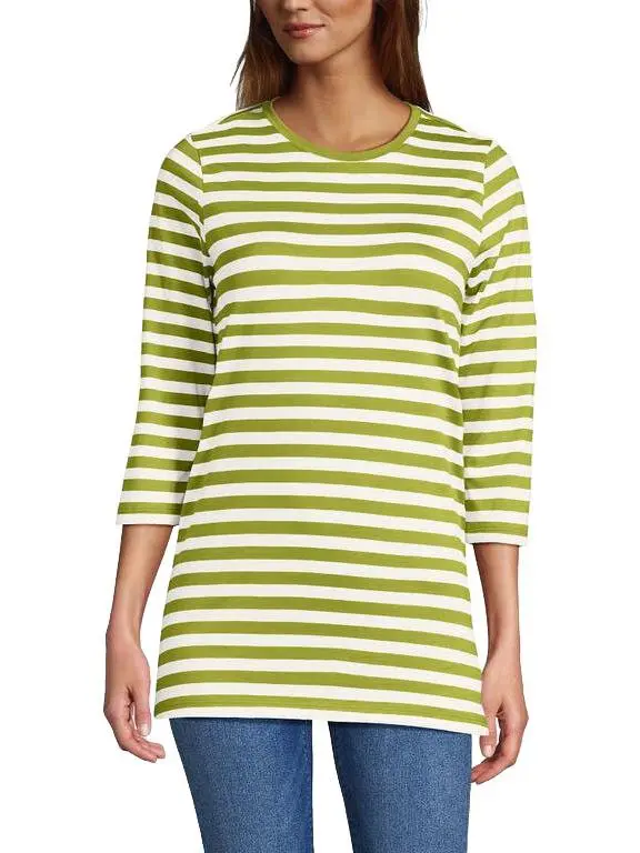 LANDS' END Cotton Supima Tunic With 3/4 Sleeves - Vintage Lime Even Stripe