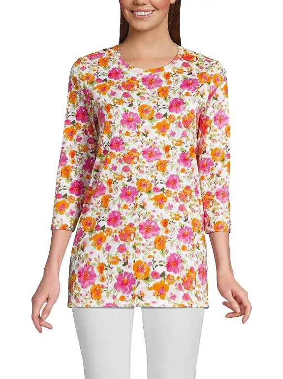 LANDS' END Cotton Supima Tunic With 3/4 Sleeves - White Multi Painted Blooms